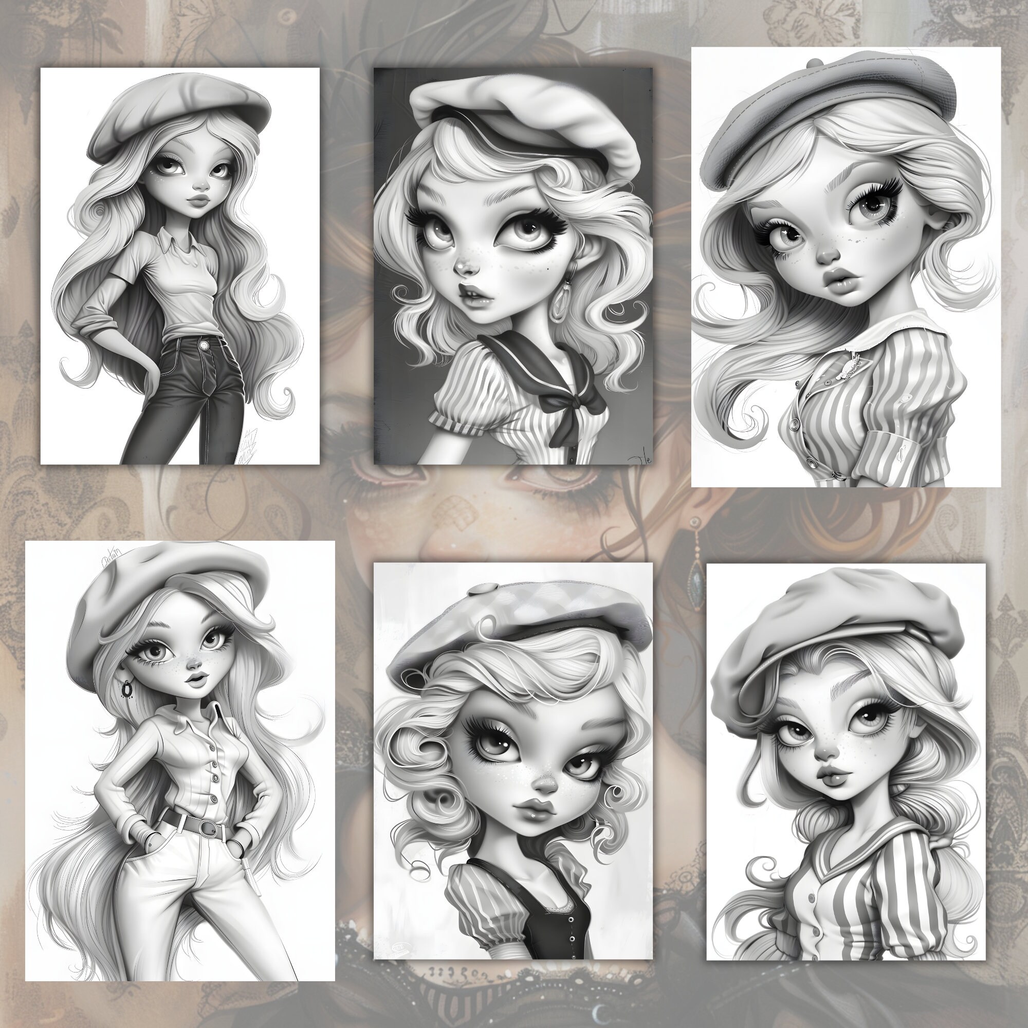 56 French Lady Grayscale Coloring Pages, Woman Coloring Book, Cute ...