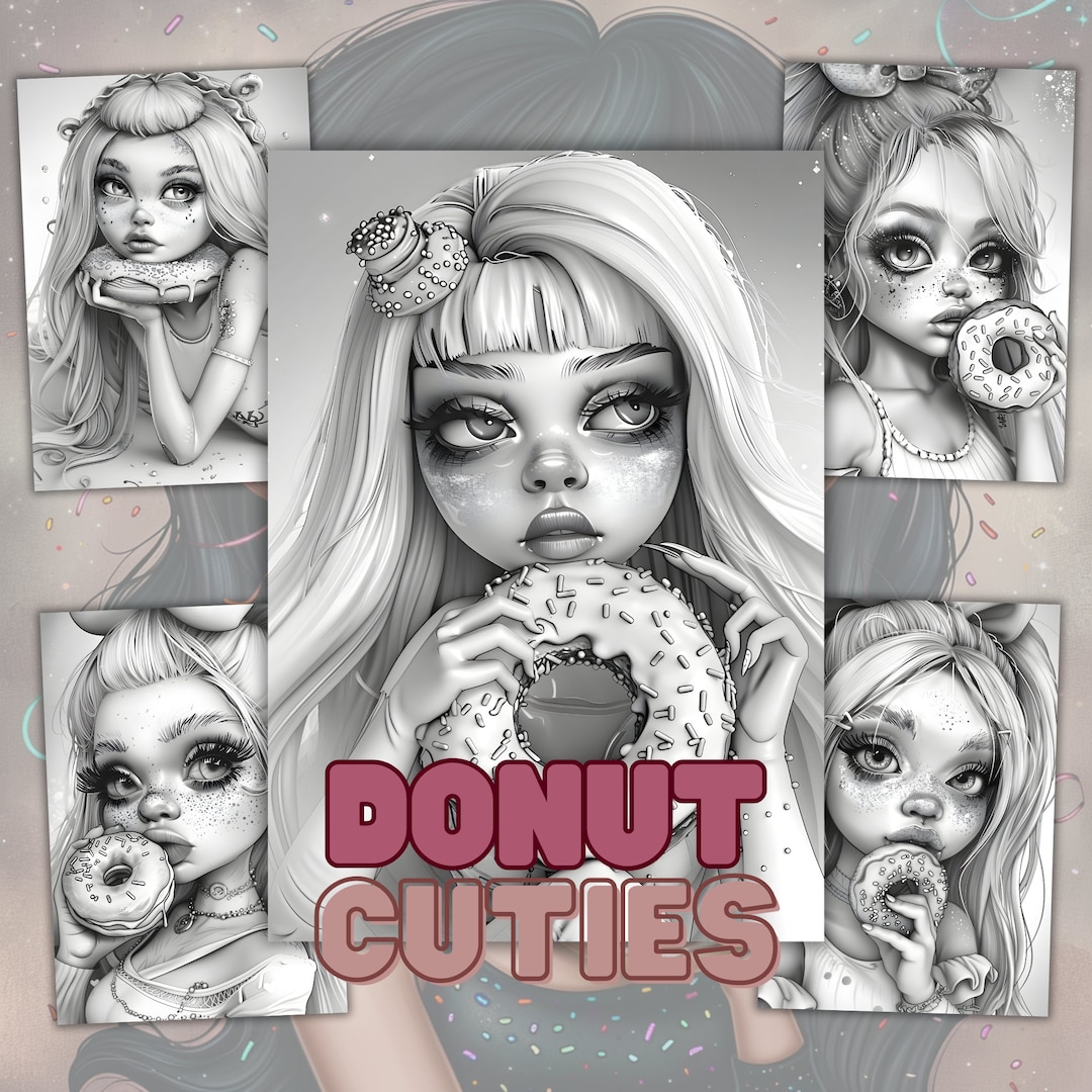 Grayscale Coloring Book, 22 Donut Girl Colouring Pages, Cute Coloring Book, Adults and Kids ...