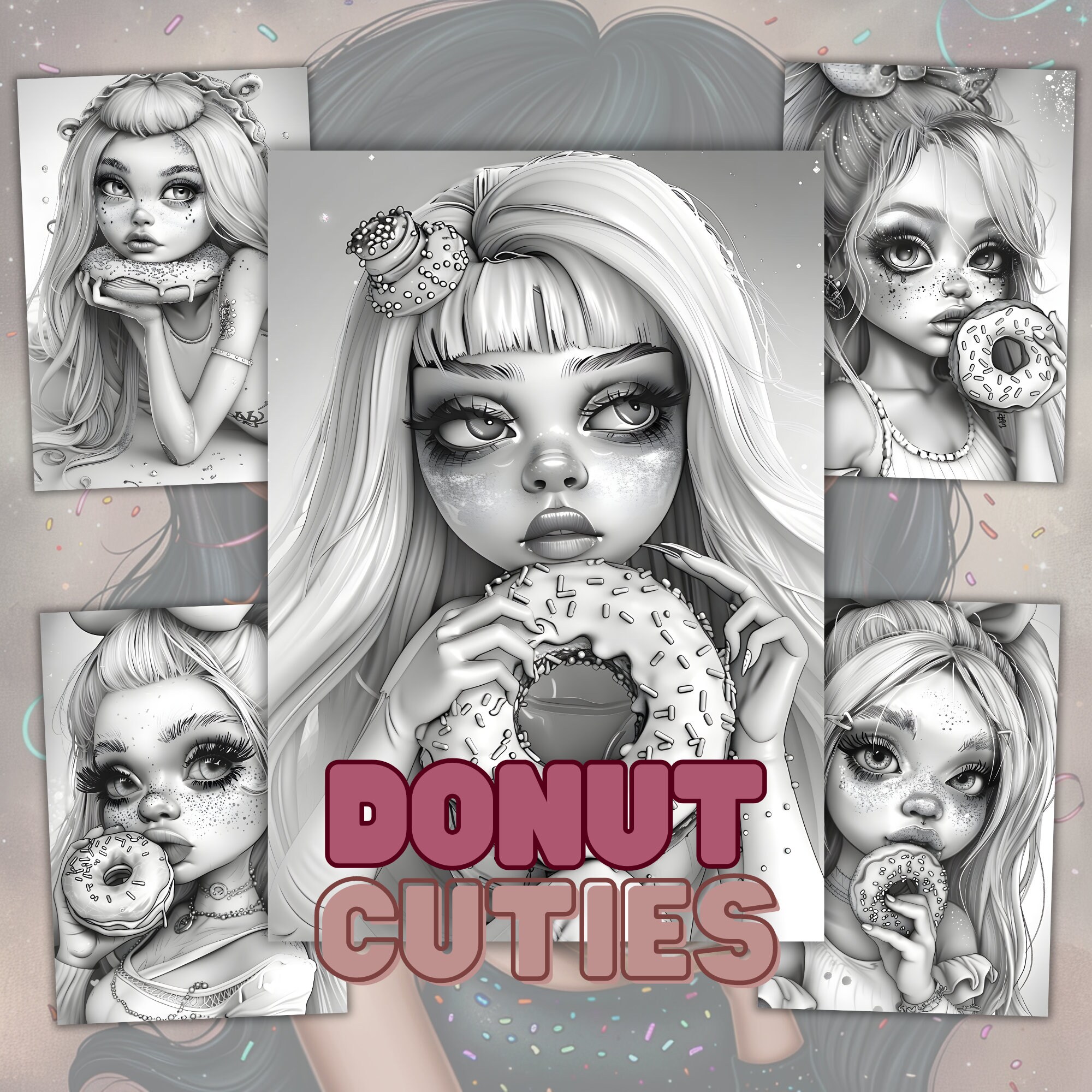 Grayscale Coloring Book, 22 Donut Girl Colouring Pages, Cute Coloring ...
