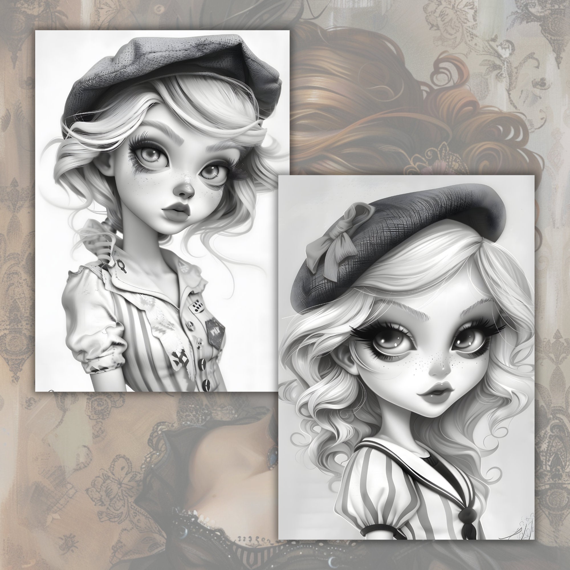 56 French Lady Grayscale Coloring Pages, Woman Coloring Book, Cute ...