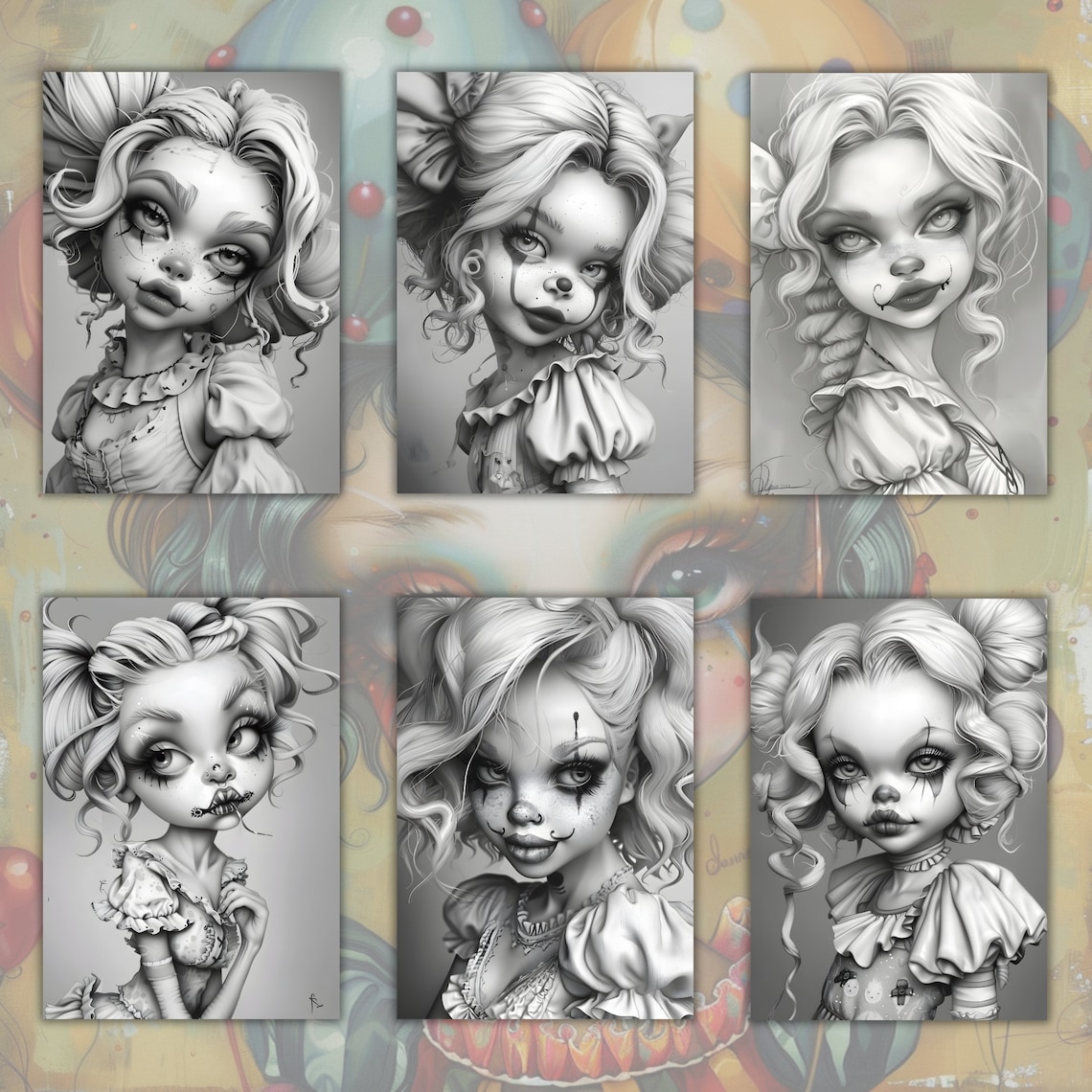 Grayscale Coloring Book, 40 Clown Girl Colouring Pages, Girl Coloring ...