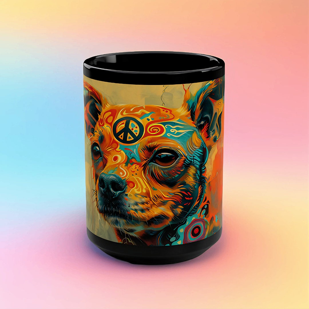 Psychedelic Peace Dog Mug Colorful Hippie Canine Cup Retro Groovy ...