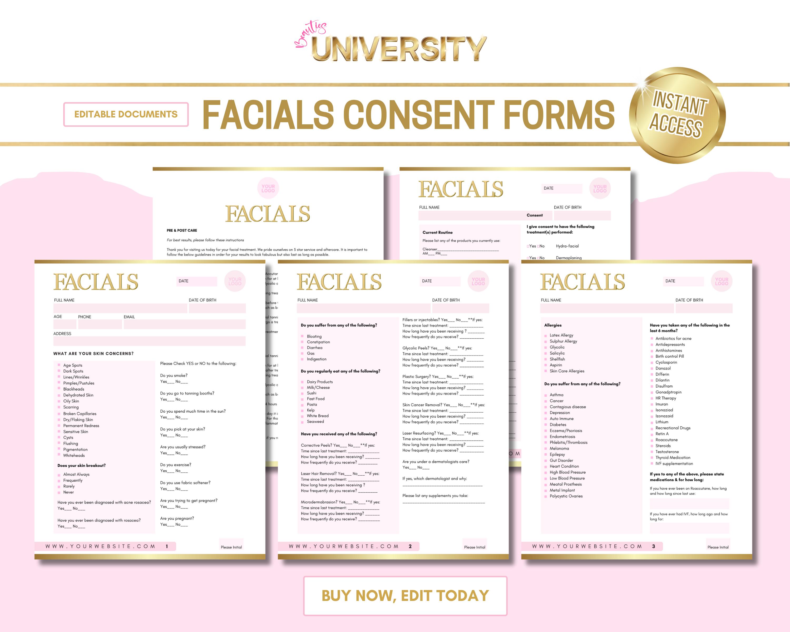 Facials Consent Forms, Facials Documents, Skin Care, Esthetician ...