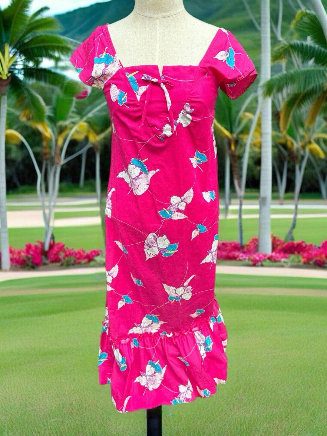 Vintage Hilo Hatties Hawaiian Floral Maxi Dress 80s Retro Ruffles Pink ...