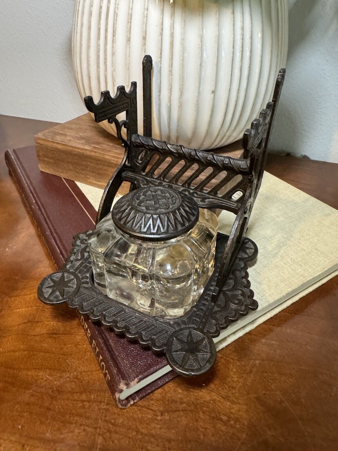 Antique Inkwell With Cast Iron Letter & Pen Holder Stand Cir. 1800s ...