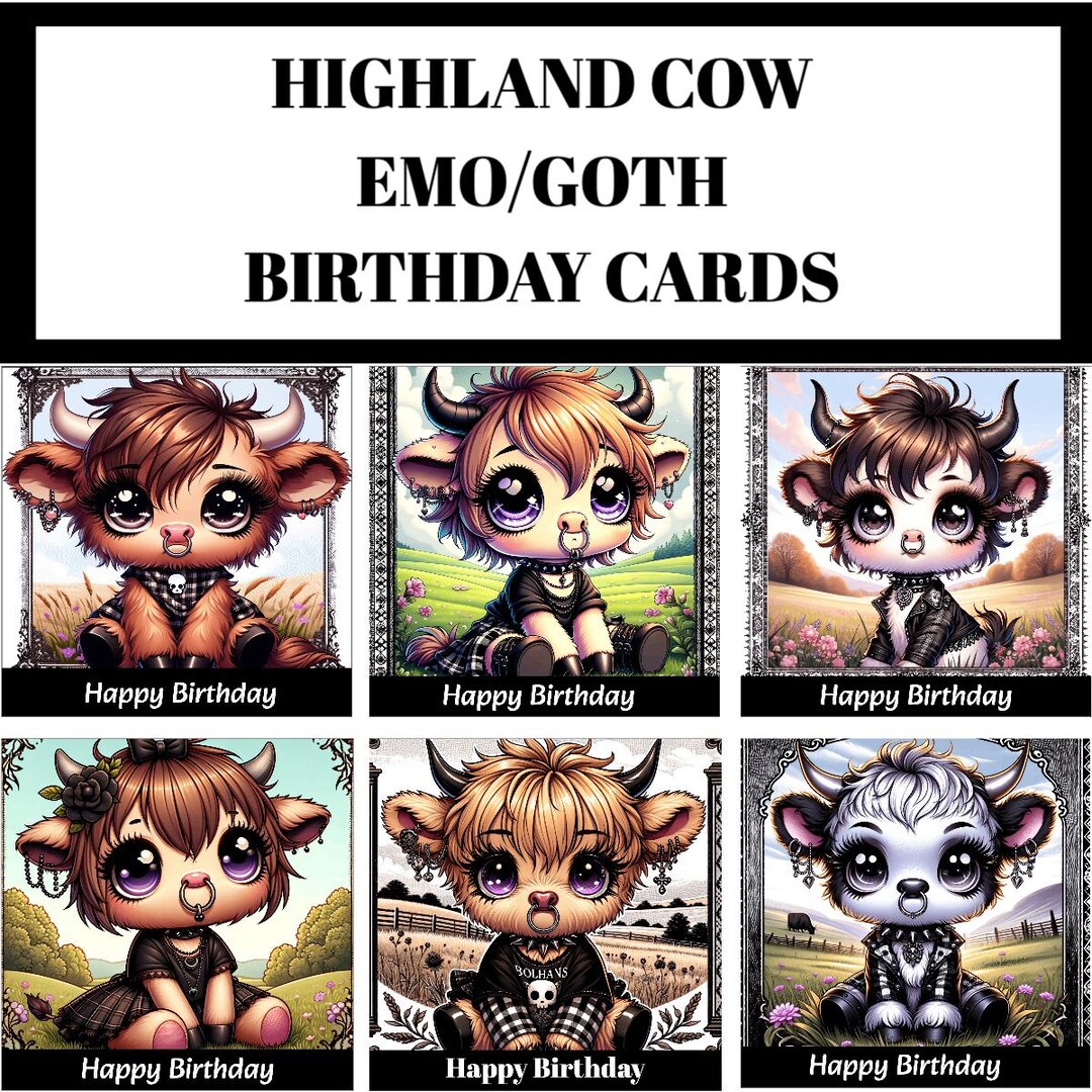 Goth/emo Highland Cow Cards With Matching Gift Tag/gothic Theme ...