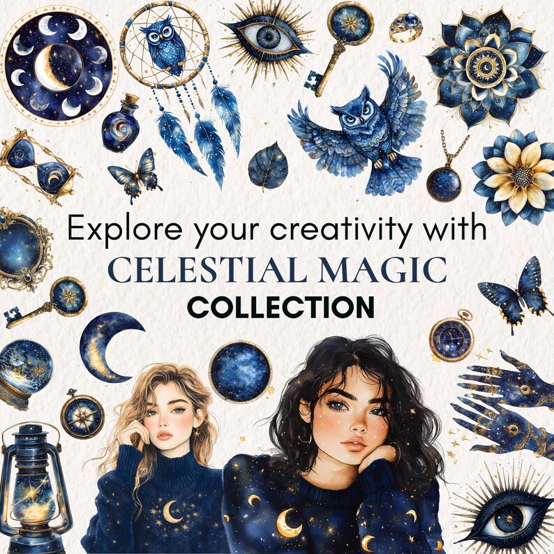 Watercolor Celestial Clipart | Moon & Stars PNG | Magical Sky Elements | Witchy and Cosmic ...