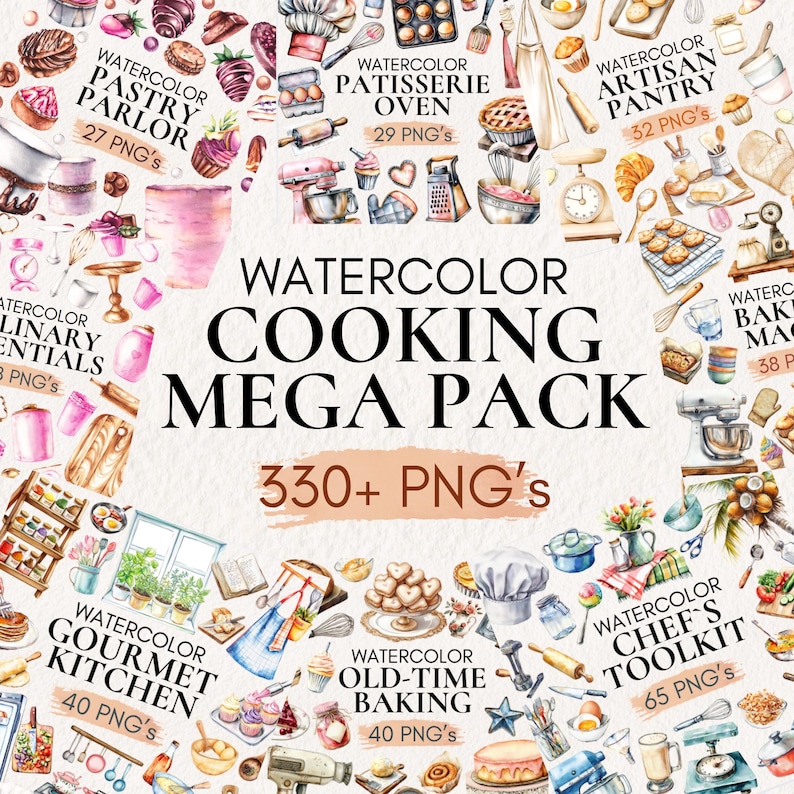 Watercolor Cooking Clipart MEGA Bundle, 330+ Baking PNG Graphics ...
