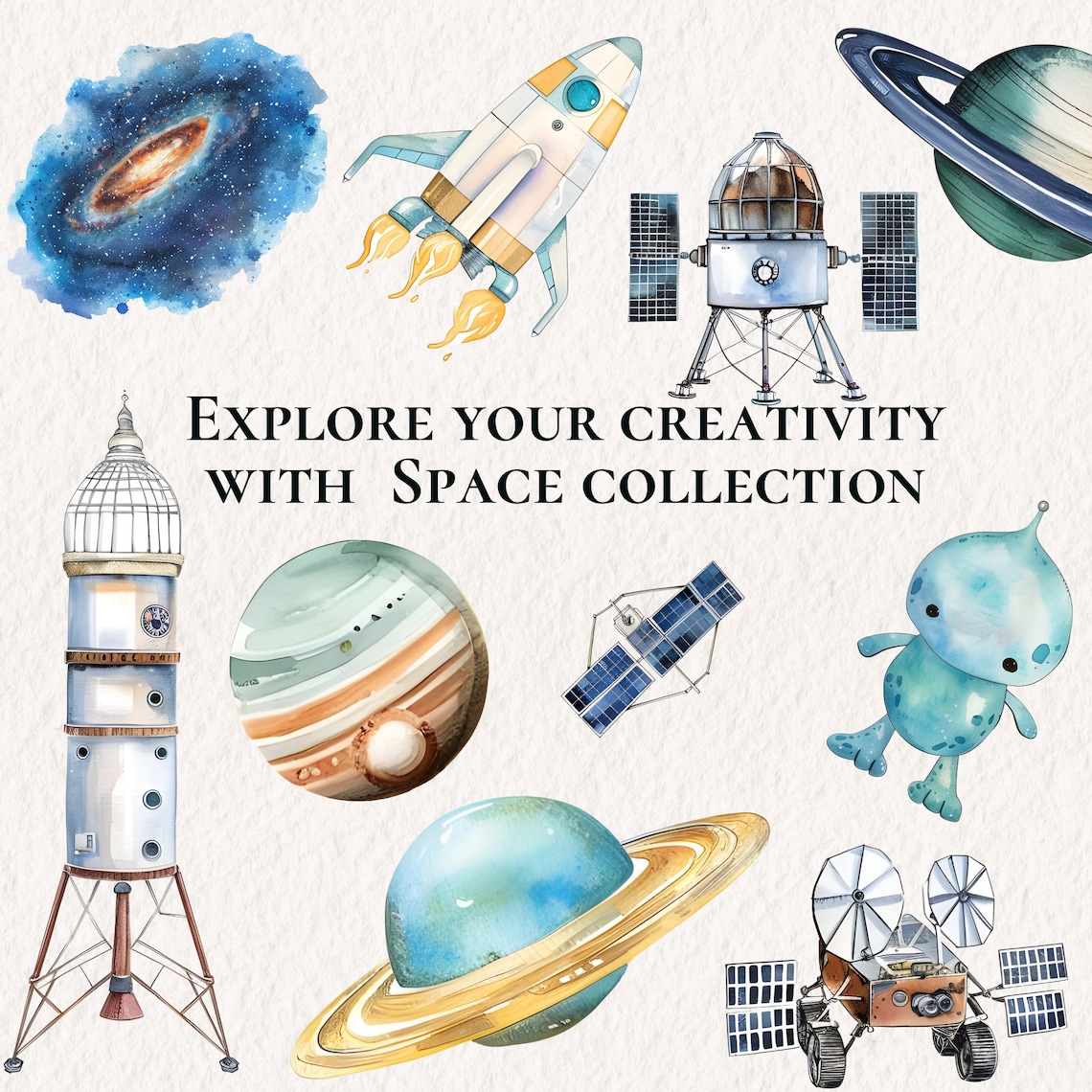 Watercolor Space Clipart Bundle, Astronaut Nursery Decor, Alien Clipart ...