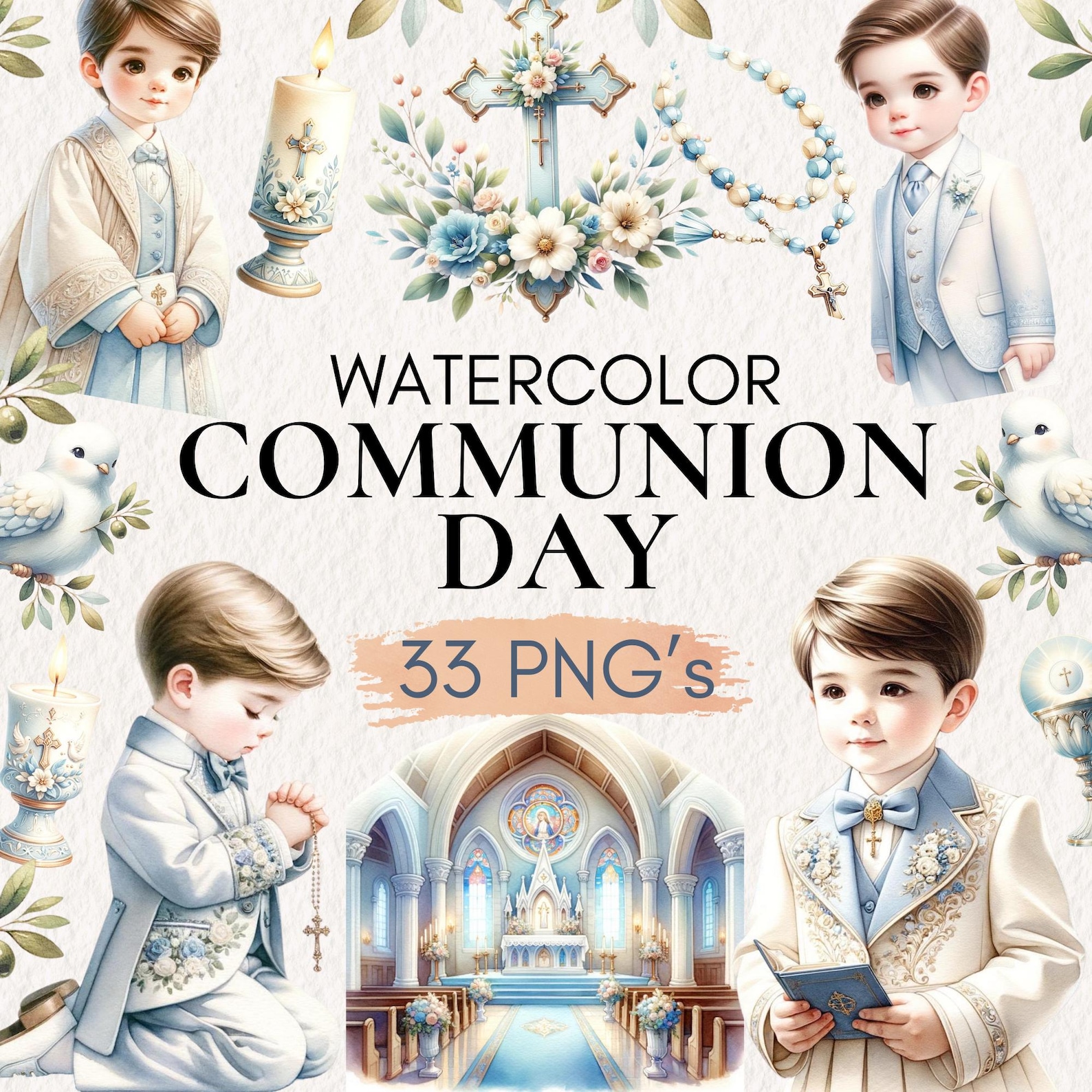 Watercolor First Communion Clipart, Catholic Boy, Church Decor (33 PNG ...