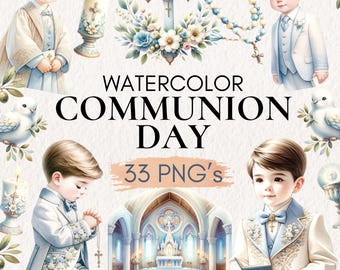 Watercolor First Communion Clipart, Catholic Boy, Church Decor (33 PNG ...