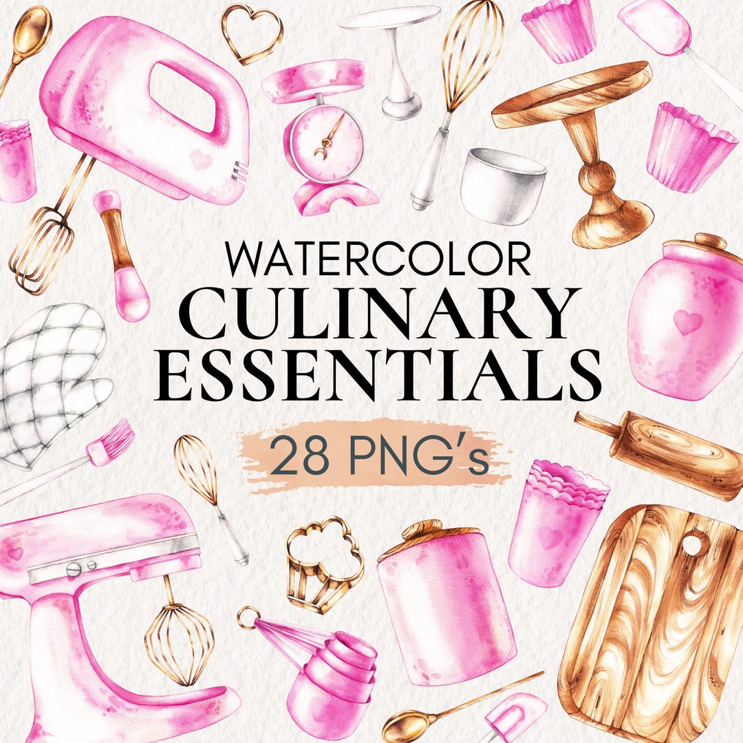 Watercolor Baking Clipart, Pink Kitchen Utensils PNG, Bakery Logo ...