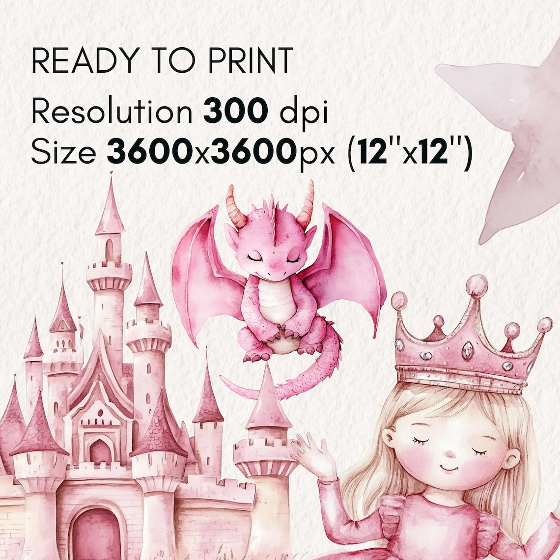 Pink Princess Castle Watercolor Clipart, Pink Princess PNG, Pink Dragon ...