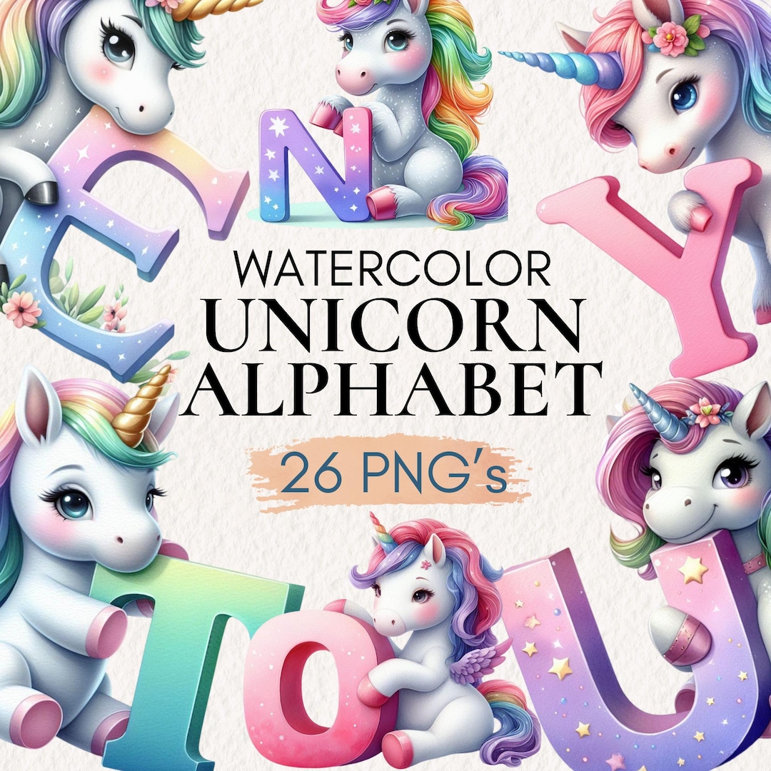 Watercolor Unicorn Alphabet Clipart, Pastel Rainbow Letters PNG ...