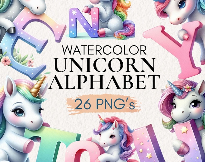 Watercolor Unicorn Alphabet Clipart, Pastel Rainbow Letters PNG ...
