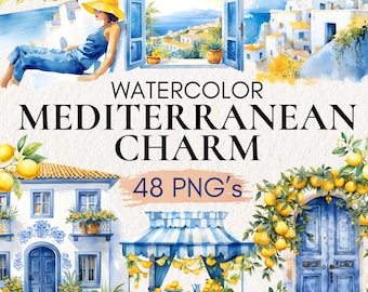Watercolor Mediterranean Tile Clipart, Lemon PNG Bundle, Summer Fruit ...