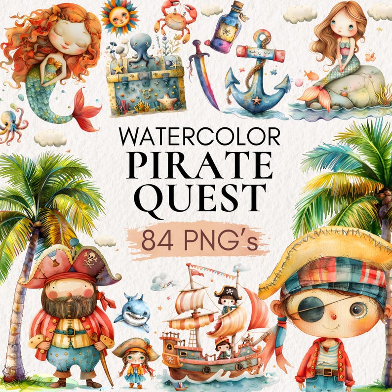 Watercolor Pirate Quest Clipart Bundle | Cute Pirate Kids PNG | Mermaid ...
