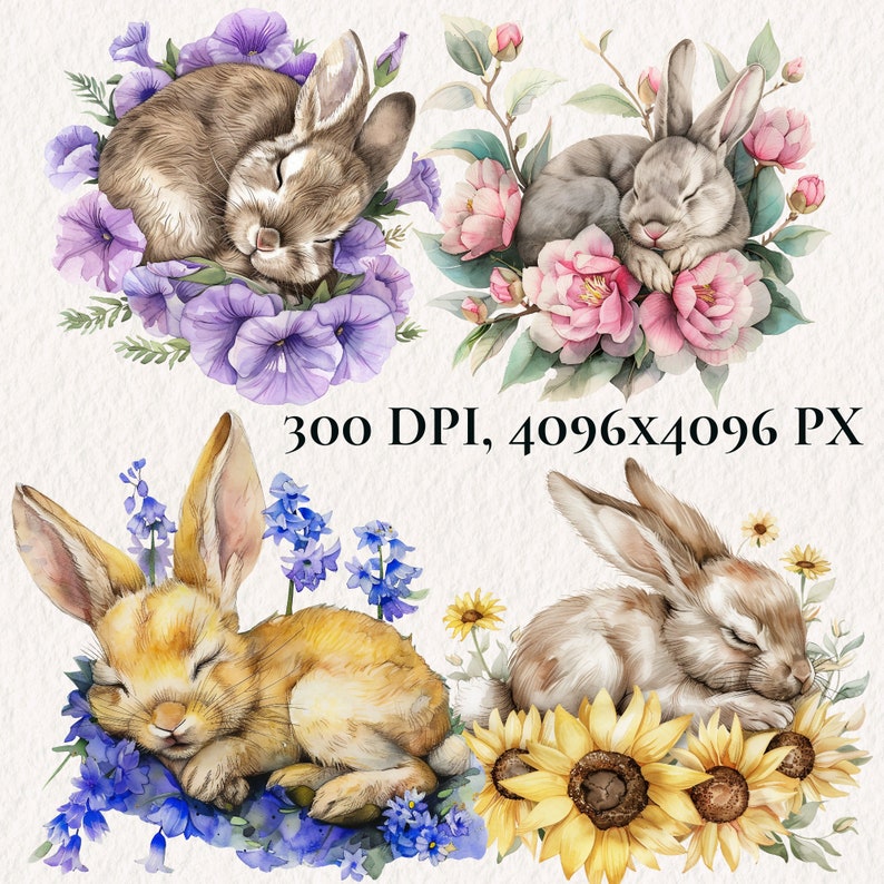 Watercolor Sleeping Bunny Clipart, Bunny and Flowers Clipart, Bunny ...