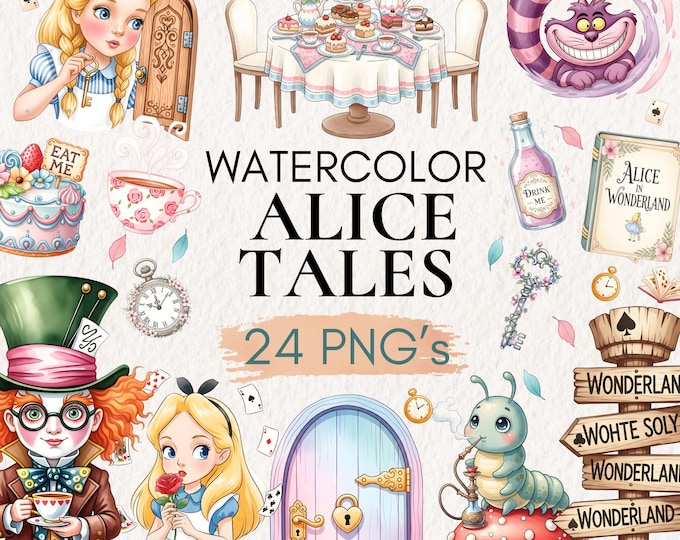 Watercolor Alice in Wonderland Clipart, Fantasy Designs (24 Pngs) - Etsy