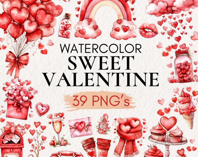 Watercolor Sweet Valentine Clipart Bundle | Red Hearts Desserts Bows ...