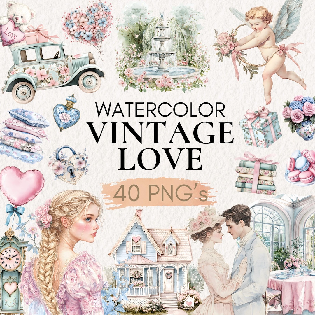 Watercolor Vintage Love Clipart Bundle | Romantic Roses Hearts Couples ...