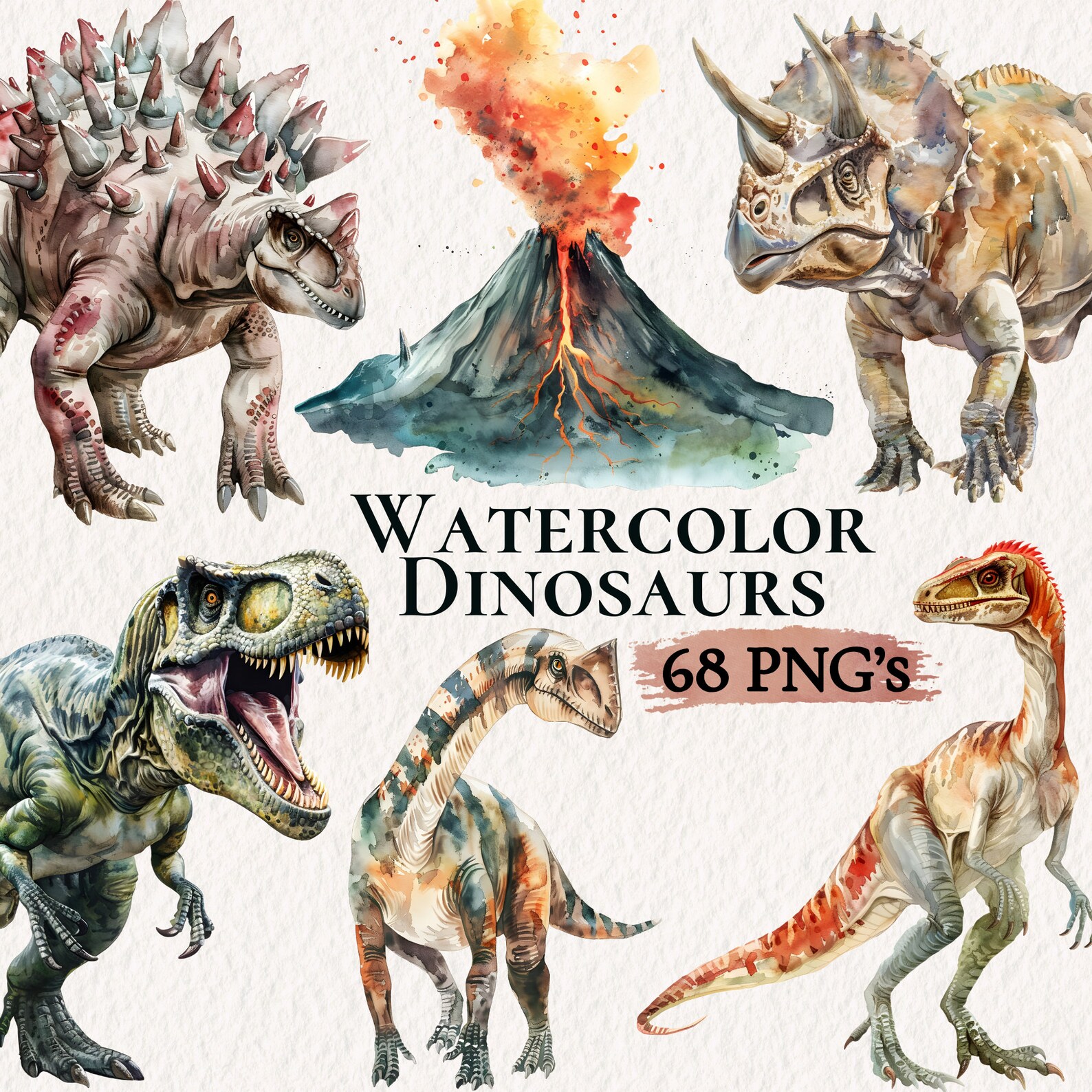 Watercolor Dinosaurs Clipart, Dino Clip Art, Dinosaur Birthday Party ...