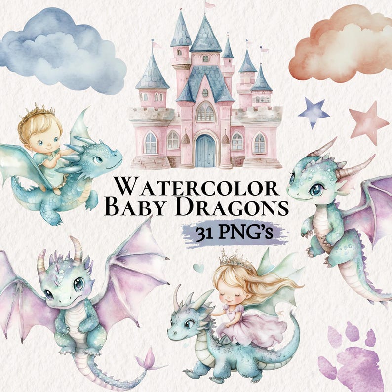 Watercolor Baby Dragons Clipart, Cute Dragon Clipart, Little Kingdom ...