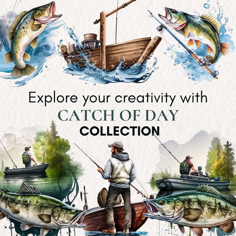 Watercolor Fishing Clipart, Fishing Tackle & Lake Scene Illustrations ...