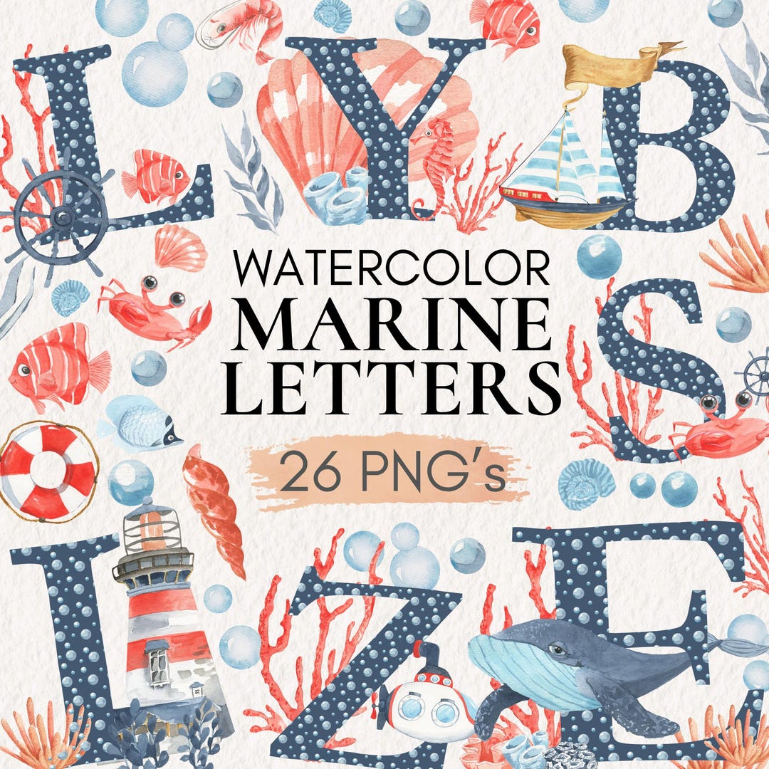 Watercolor Marine Alphabet Clipart | Ocean Letters PNG | Undersea ...