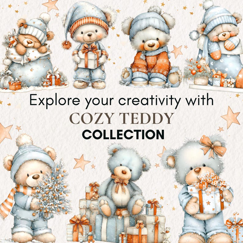 Watercolor Cozy Teddy Clipart Bundle | Blue Christmas Bear Winter PNG ...