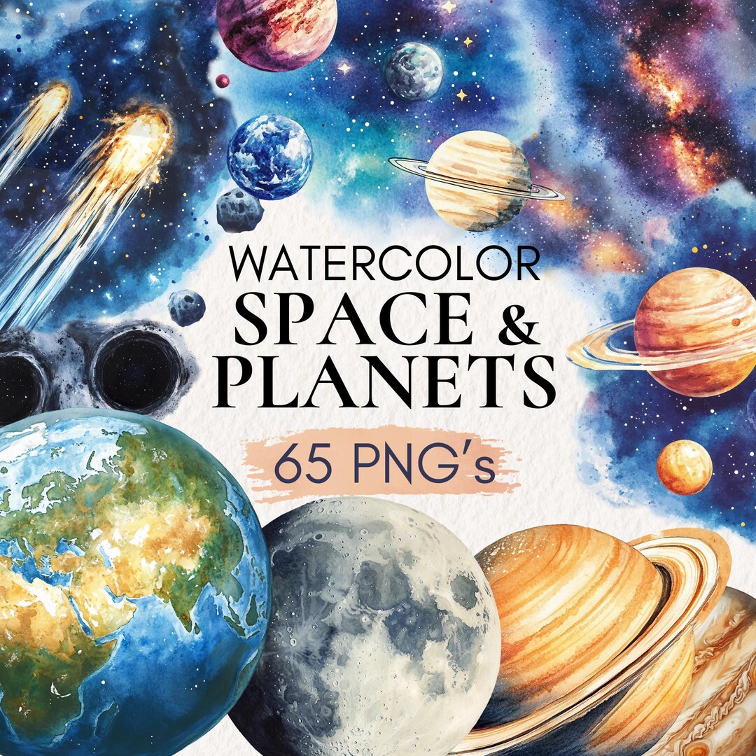Watercolor Space Clipart Bundle, Watercolor Planets Clipart, Space ...