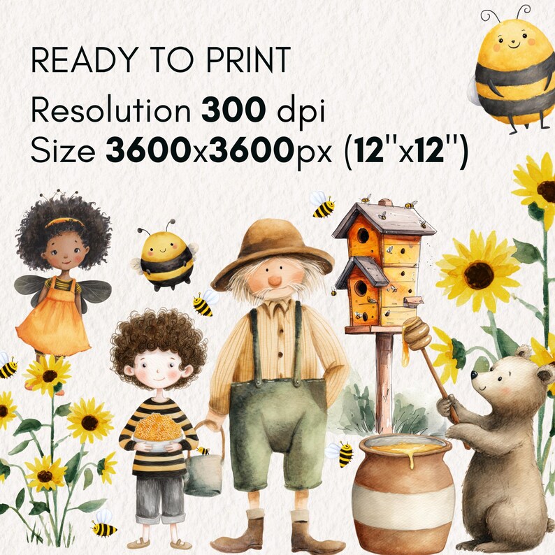 Watercolor Bee Clipart | Cute Honey Bee PNG Set | Sunflower & Honey Jar ...