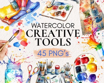 Watercolor Creative Tools Clipart, Art Supplies Clip Art, Paint Brushes ...