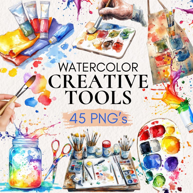 Watercolor Creative Tools Clipart, Art Supplies Clip Art, Paint Brushes ...