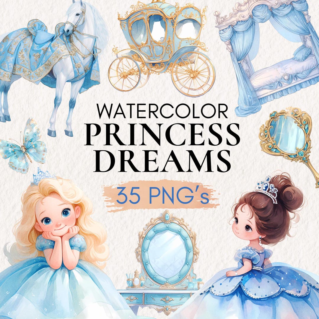 Watercolor Blue Princess Clipart, Royal Clipart, Blue Castle Clipart ...