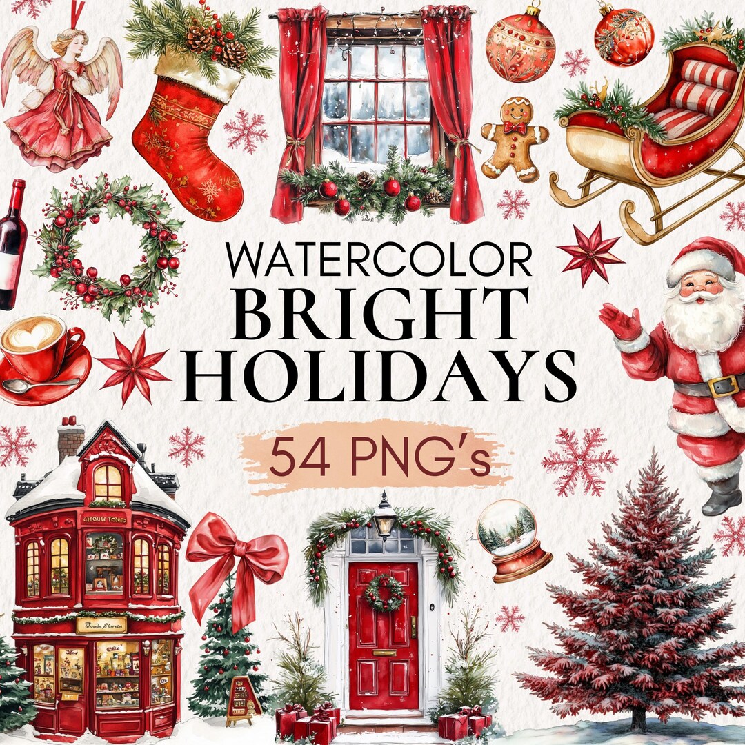 Watercolor Christmas Clipart | Bright Holiday PNG | Festive Xmas ...