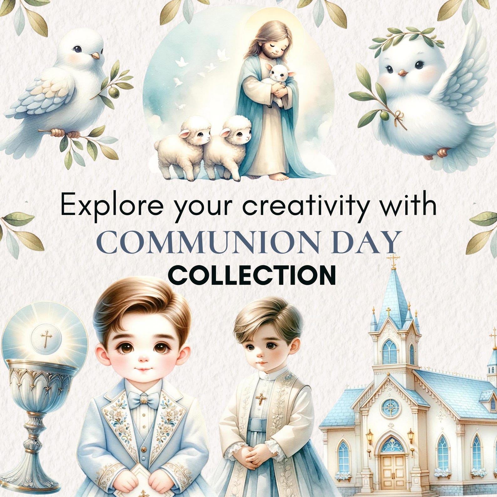 Watercolor First Communion Clipart, Catholic Boy, Church Decor (33 PNG ...