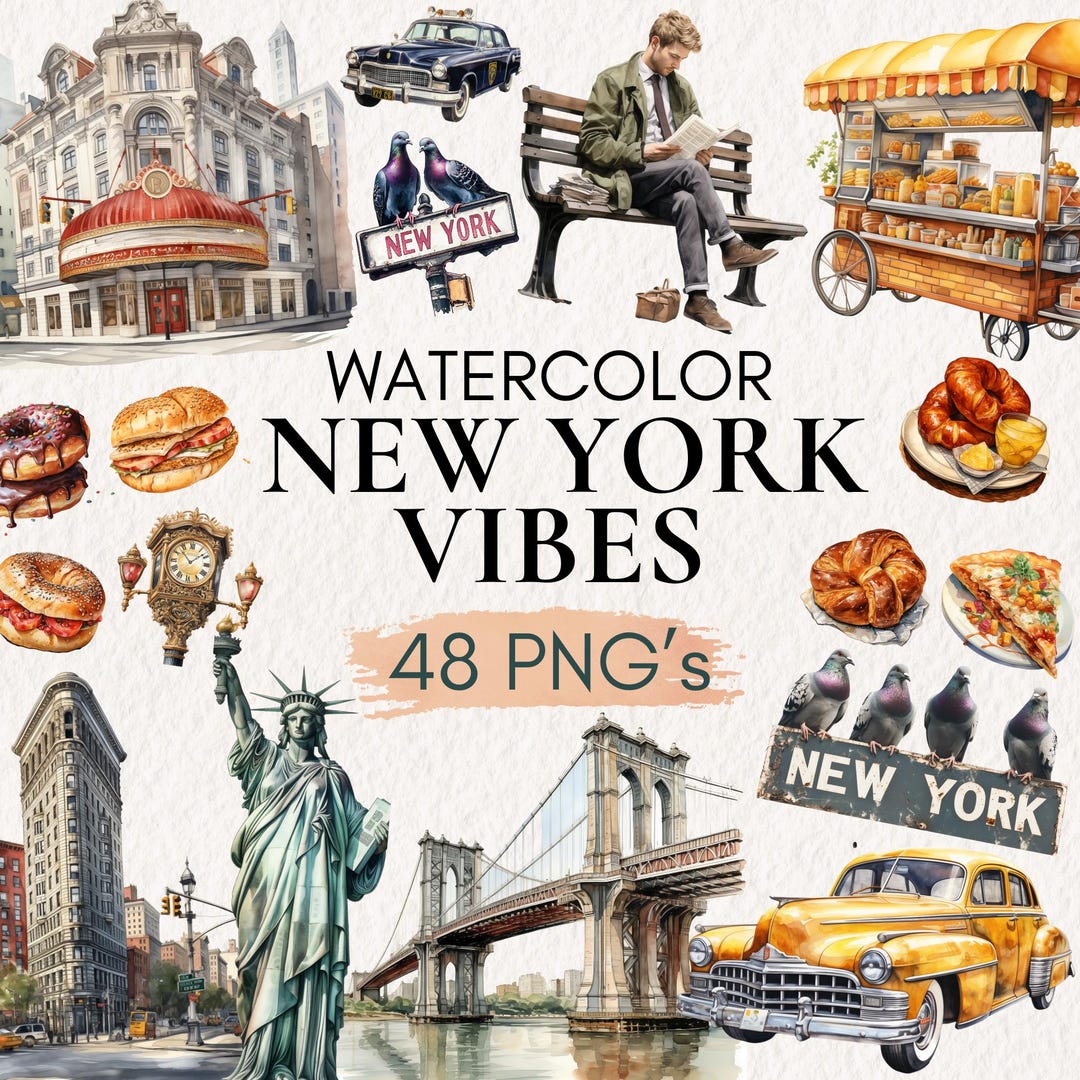 Watercolor New York City Clipart Bundle, NYC Skyline & Landmarks PNG ...