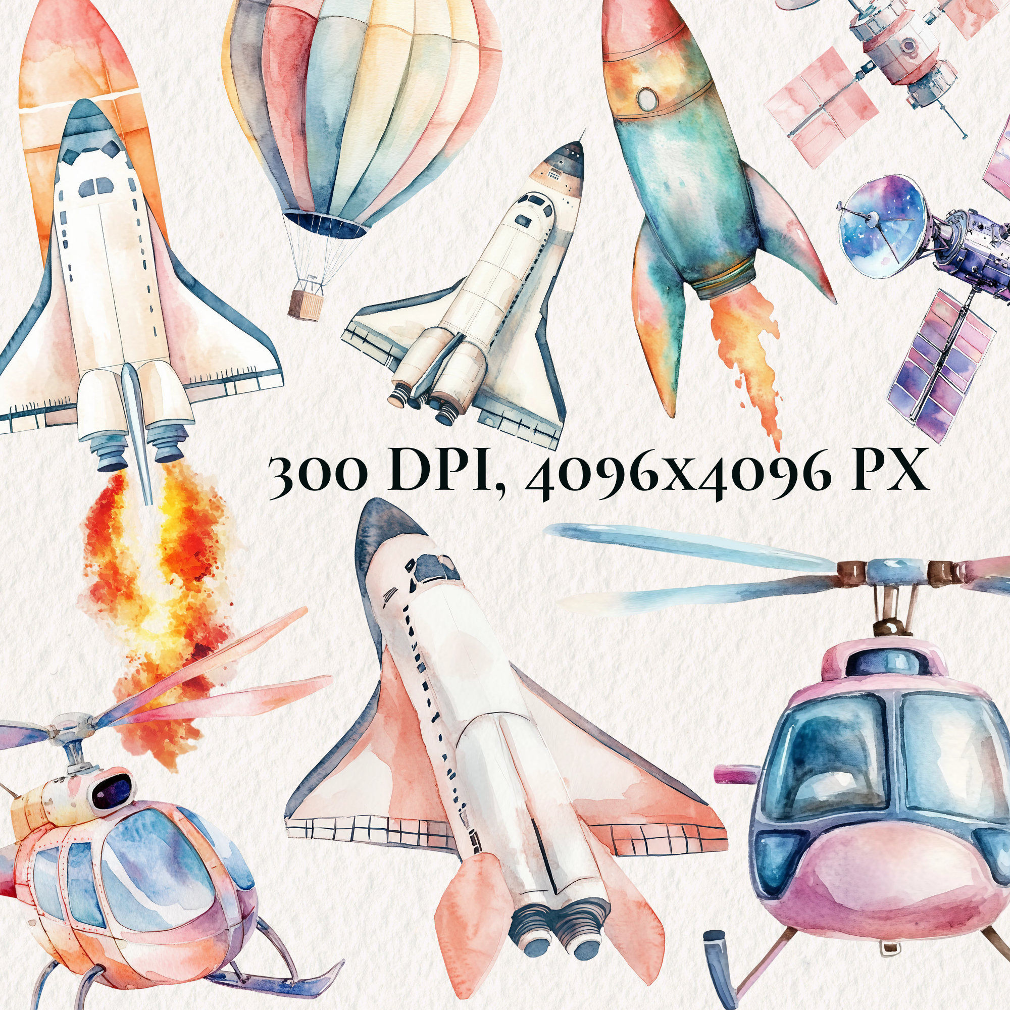Watercolor Air Transport Clipart, Airplane, Rocket (PNG Digital ...