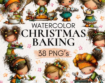 Watercolor Christmas Baking Clipart | Girls Baking PNG Set (38 Files ...