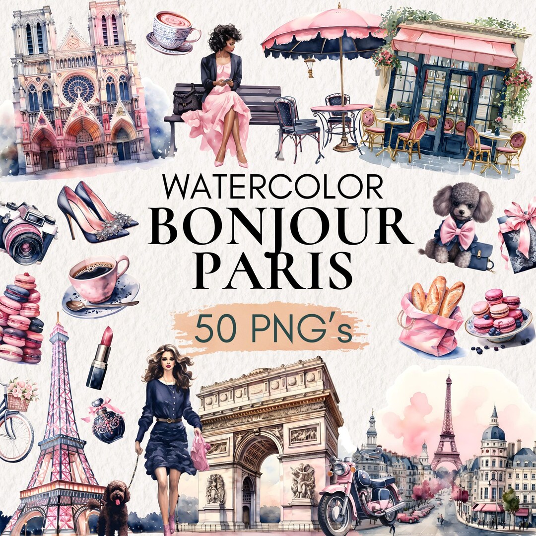Watercolor Paris Clipart, Eiffel Tower & Parisian Landmarks PNG ...