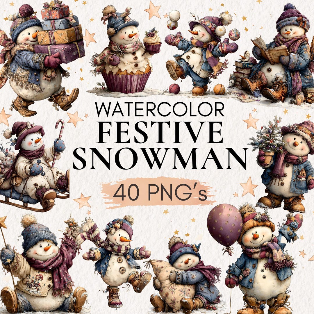 Watercolor Festive Snowman Clipart Bundle, Cute Snowmen With Scarves ...