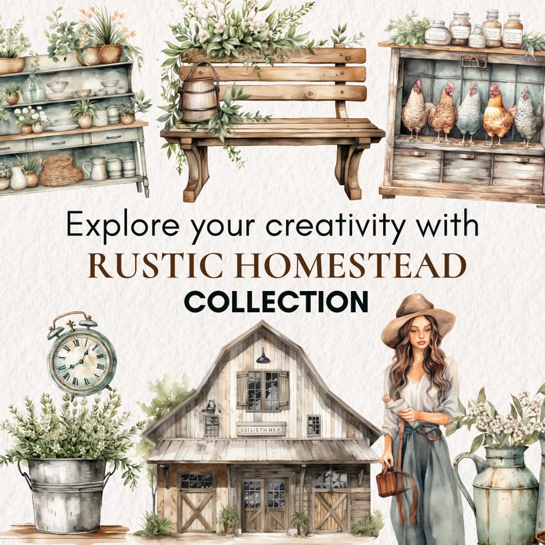 Watercolor Rustic Farmhouse, Cottagecore Clip Art, Rustic Clipart ...