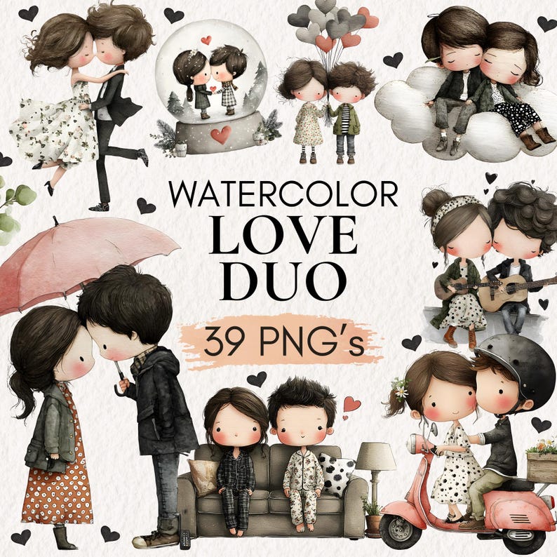Watercolor Love Duo Clipart Bundle | Cute Couple Illustrations PNG ...