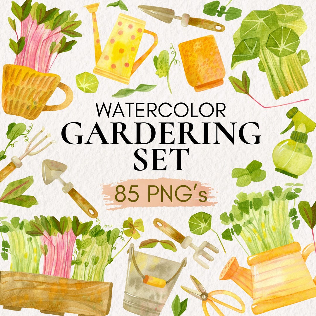 Watercolor Gardening Clipart | Green & Yellow Garden Tools, Plants ...
