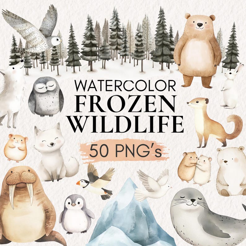 Arctic Animals Watercolor Clipart, Polar Bear, Fox, Owl, Wolf, Seal ...