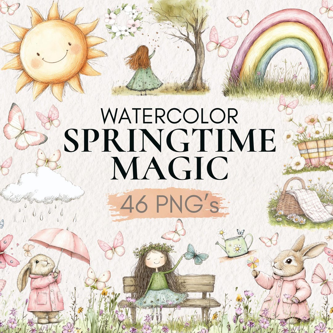 Watercolor Spring Clipart, Easter Clipart, Bunny Clipart, Floral PNG ...