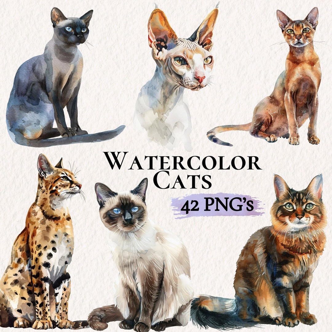 Watercolor Cats Clipart, Cat Clip Art, Cat Birthday Party Decor, Cat ...