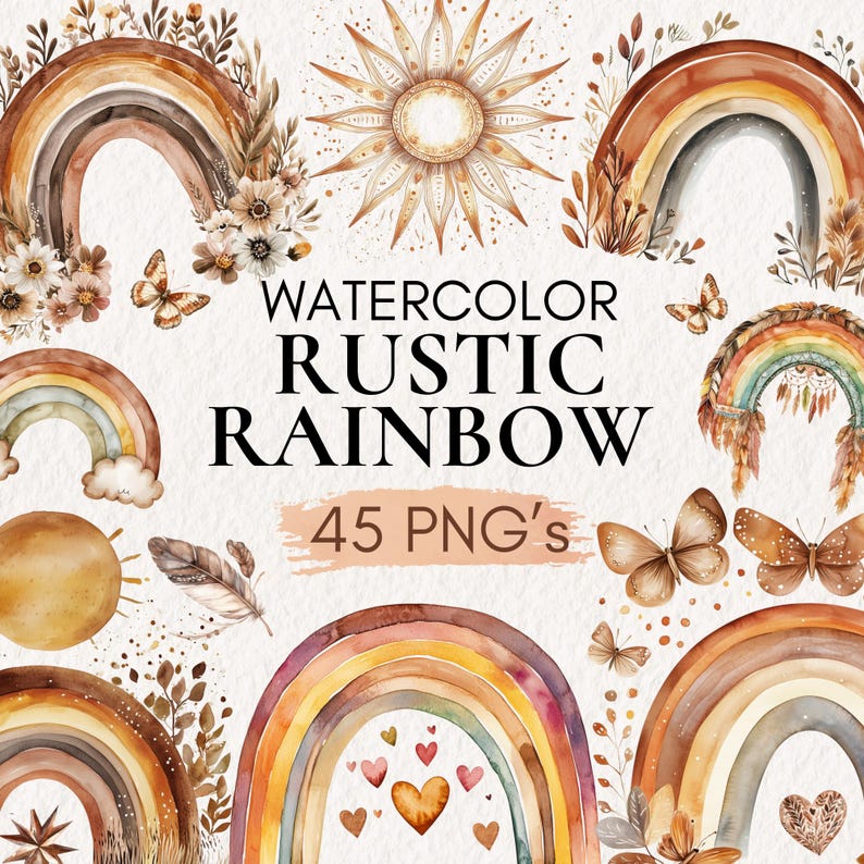Watercolor Rustic Rainbow Clipart, Boho Baby Shower (45 Pngs) - Etsy