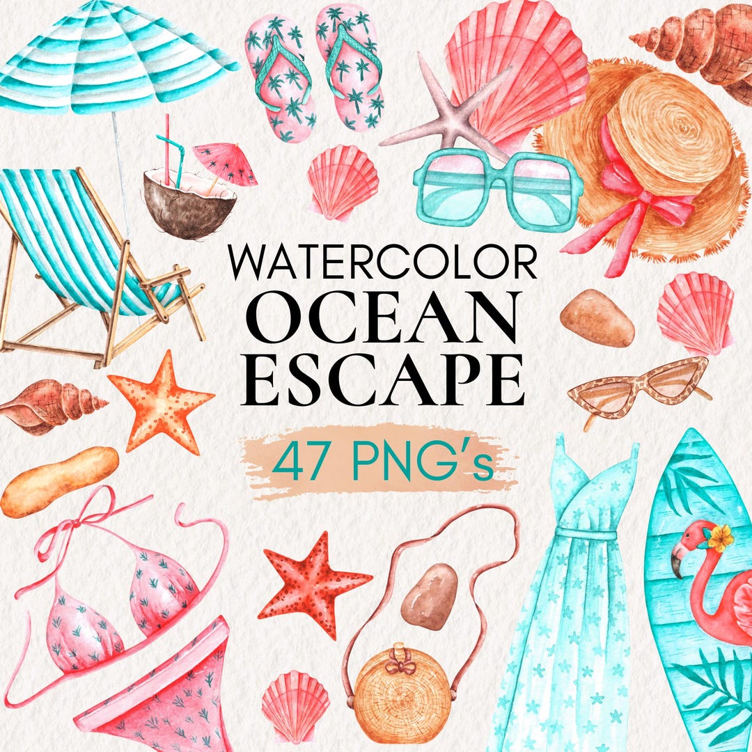 Watercolor Vacation Clipart, Beach Clipart, Ocean Waves PNG, Seaside ...